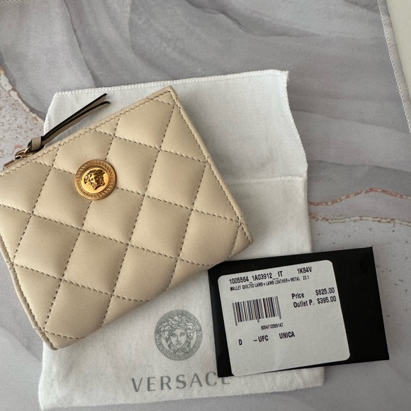 Versace | Bags | Versace Cream Quilted Wallet With Gold Emblem | Poshmark